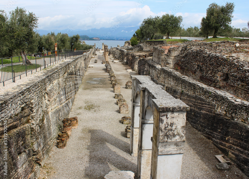 Top view on the ruins of an ancient Roman Villa, the grotto of Catullus ...