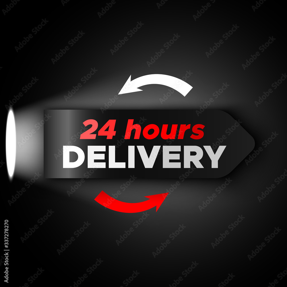 24 hours delivery banner with spotlight. Sticker. Black ribbon. Vector ...
