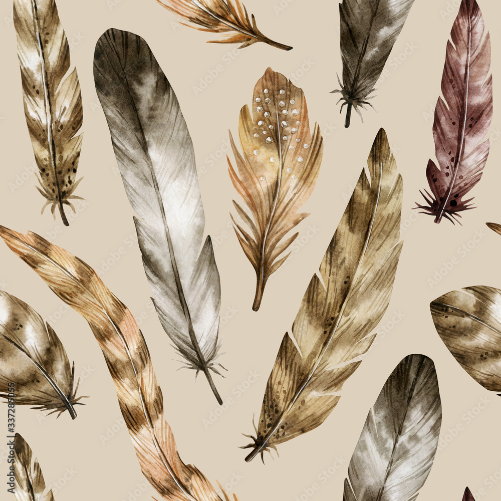 Watercolor seamless pattern with hand drawn bird feathers in boho style ...
