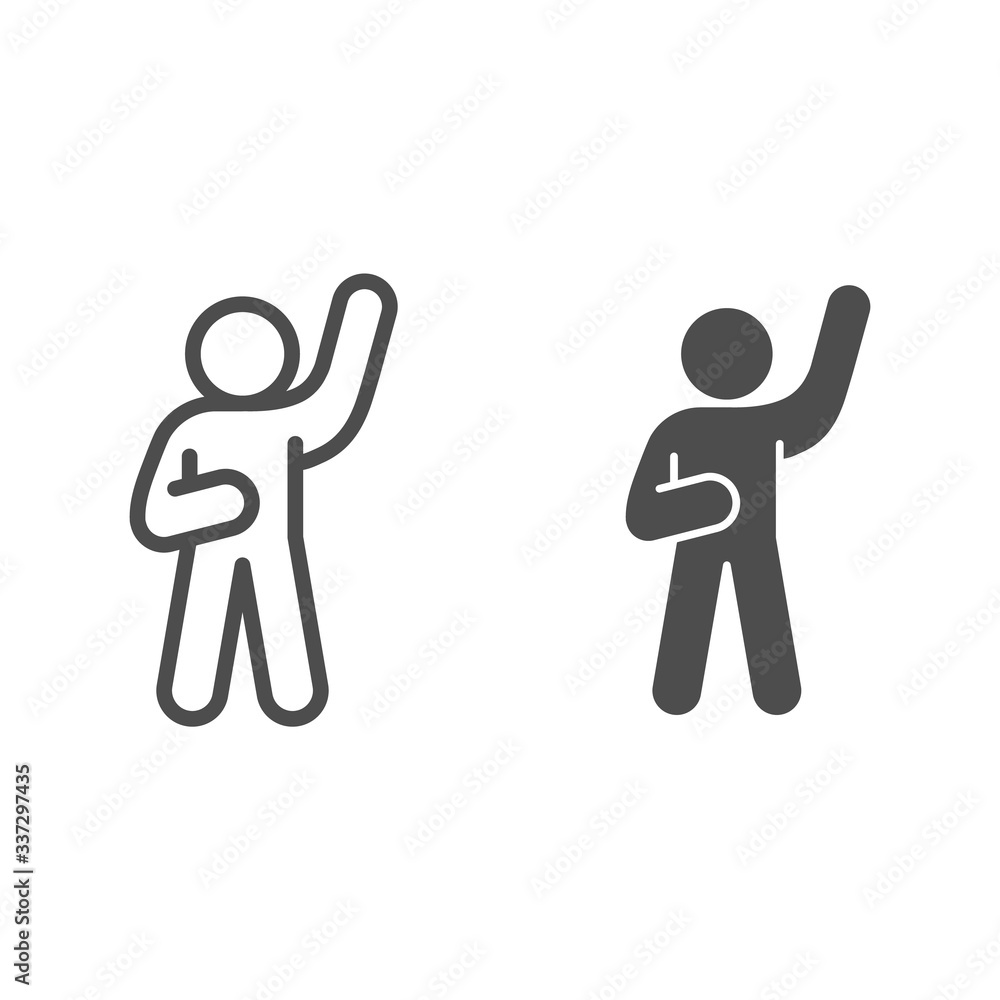 Assurance or hello pose line and solid icon. Man with his right hand ...