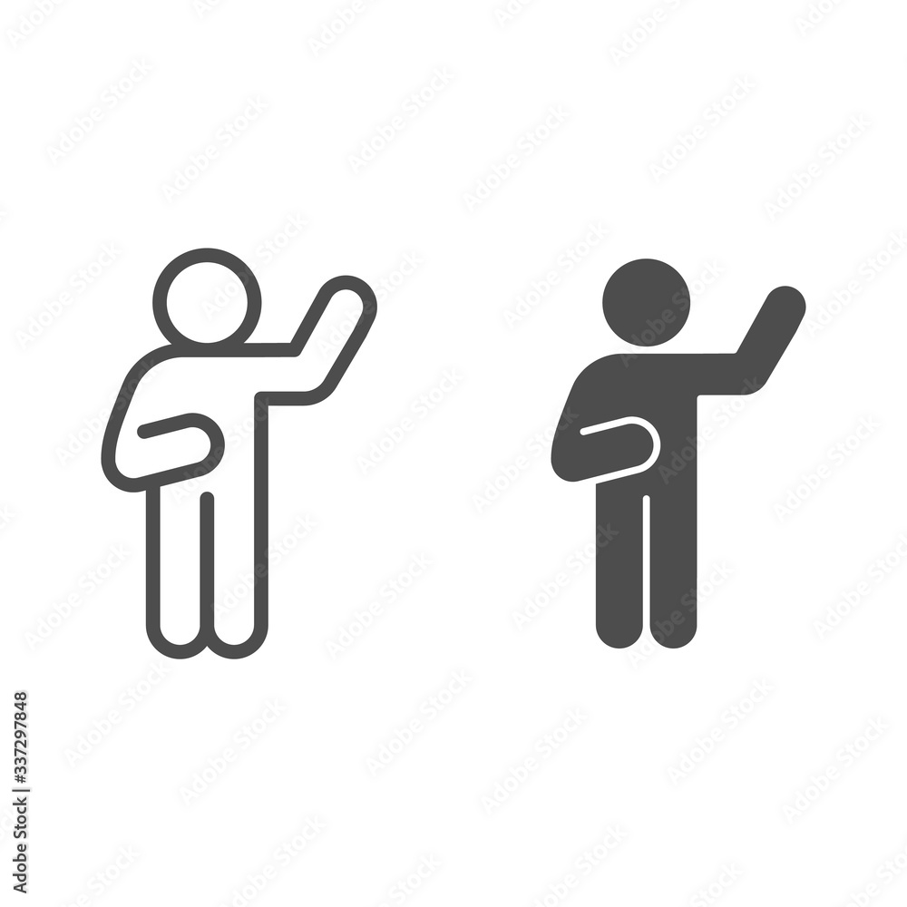 Hello pose line and solid icon. Man with raised hand and lowered hand ...