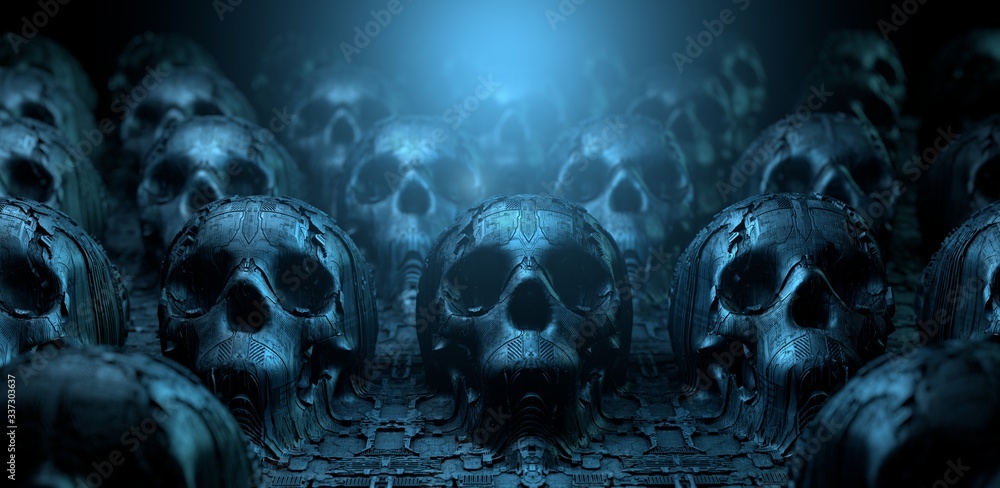 Scary occult still life with human skulls and science fiction surface ...