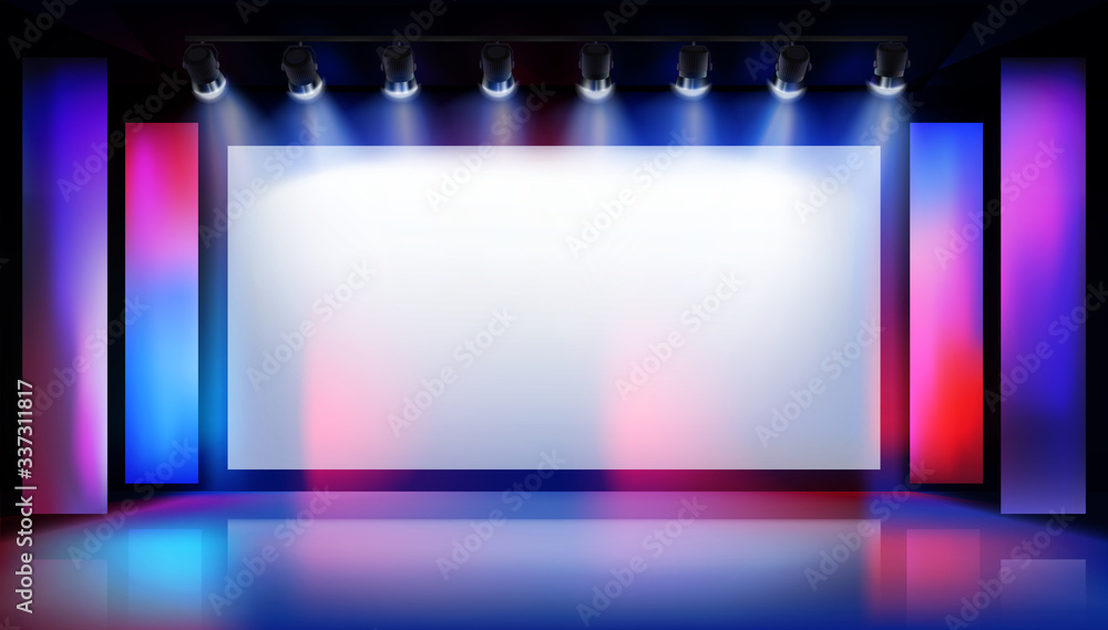 Show in art gallery. Large projection screen on the stage. Free space ...