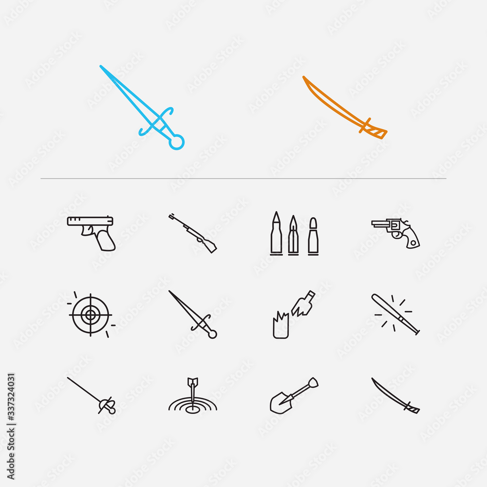 Weapons icons set. Bat and weapons icons with bullets, revolver and ...