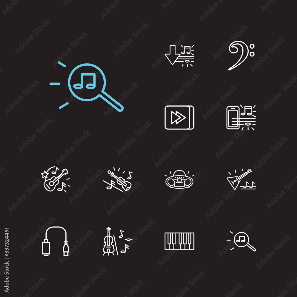 Music icons set. Music on phone and music icons with piano keys, violin ...