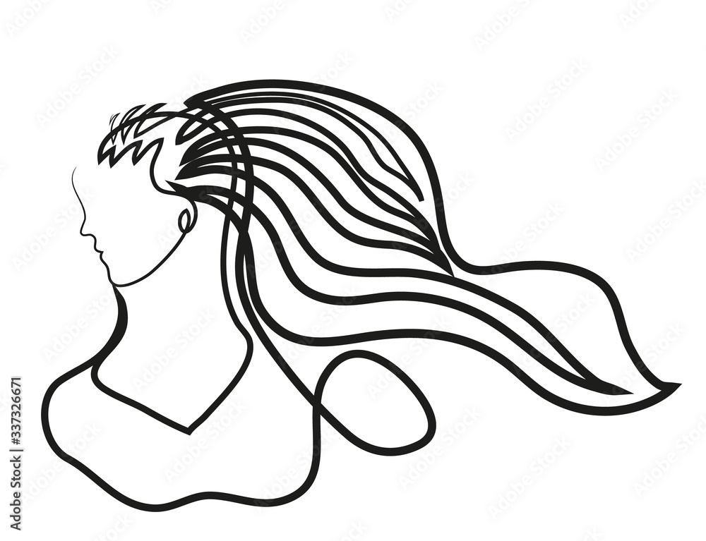 One continuous line drawing of woman with long hair. Black and white ...