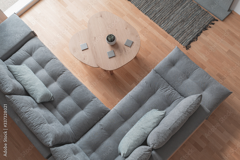 Top view of modern design living room with wooden floor, light tones ...
