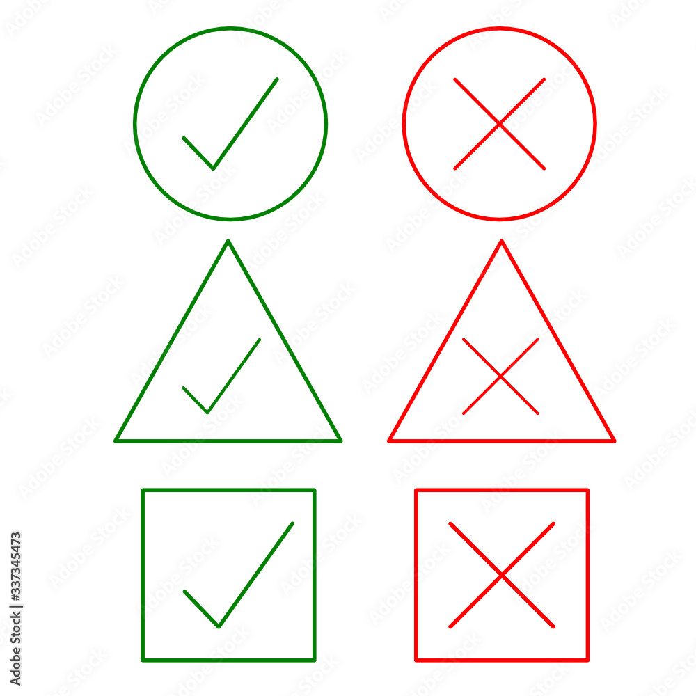 Thin line check mark icons. Green tick and red cross checkmarks flat ...