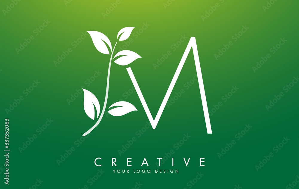 White Leaf Letter M Logo Design with Leaves on a Branch and Green ...