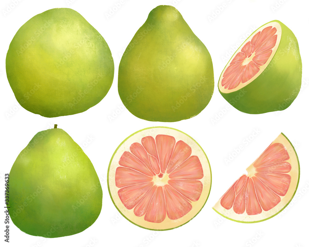 Pomelo fruits isolated on white background. Pomelo slice, half cut ...