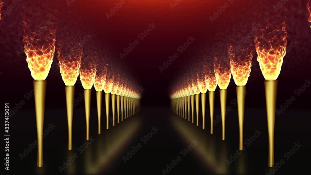 Infinite Pathway Light Of Fire Torch Flame Burning Alongside With Floor ...