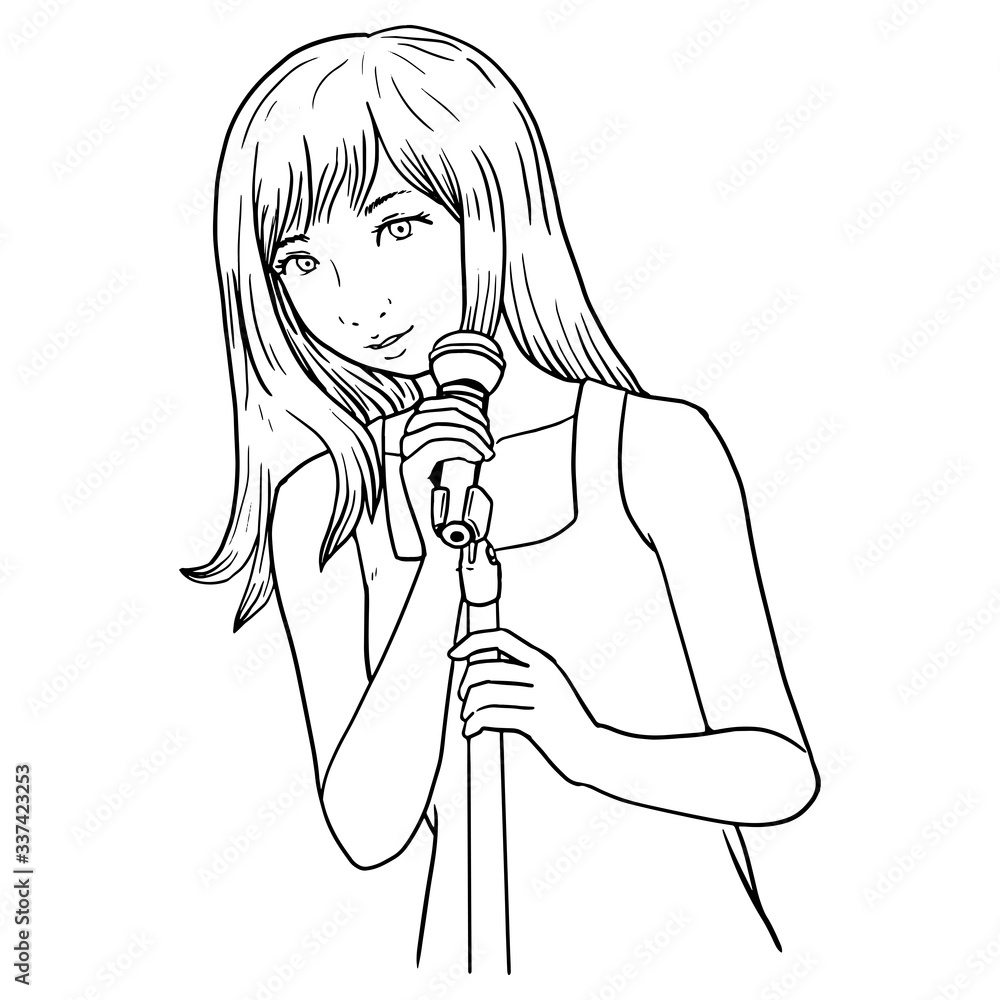 vector illustration girl singer hold microphone, line art Stock Vector ...