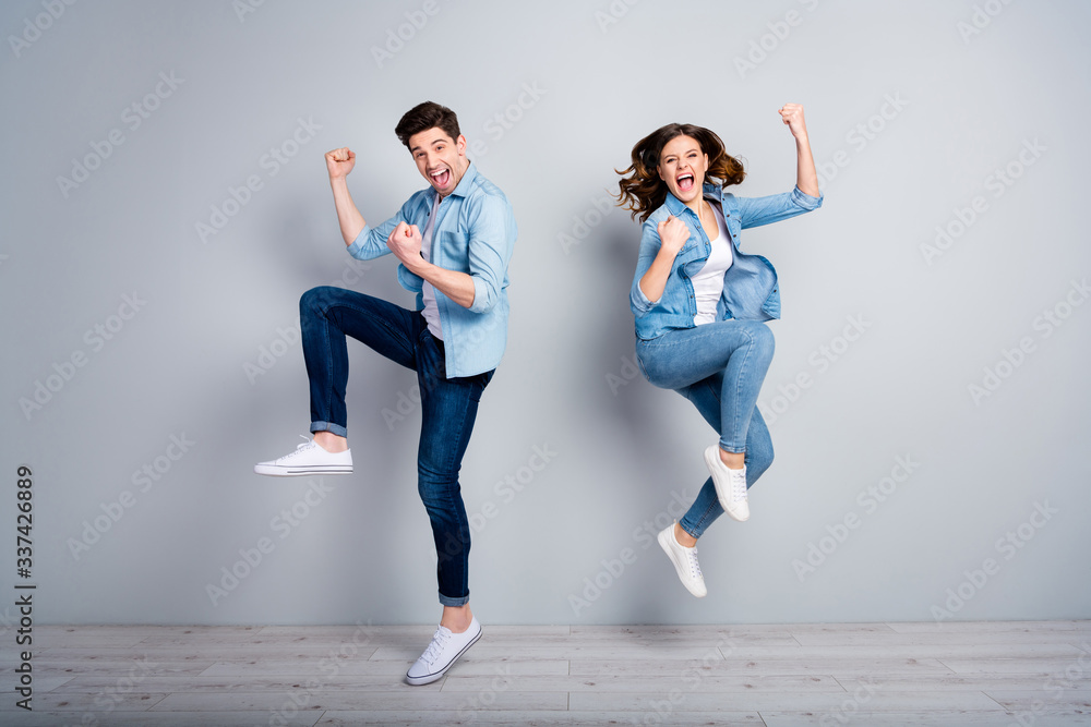 Full body photo of attractive lady handsome funny guy crazy fan jumping ...