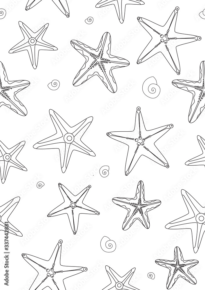 Seamless pattern or coloring page with starfish in the sea, A4 outline ...