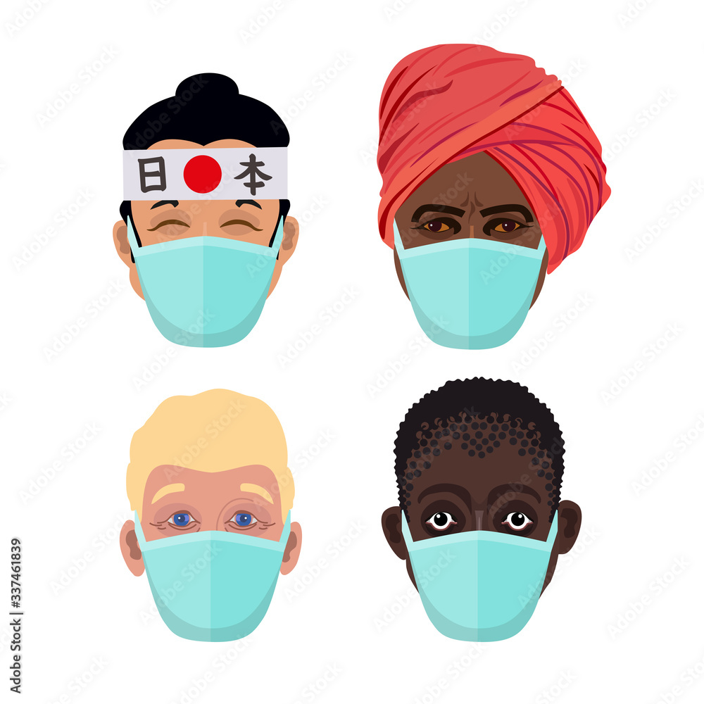 Faces of people of different nationalities in protective medical masks ...
