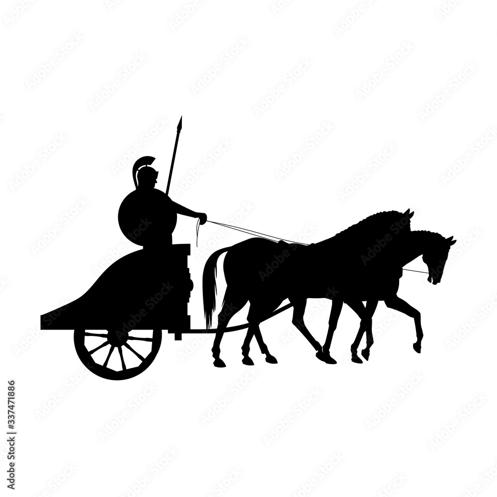 Roman warrior on an ancient war chariot drawn by two horses Stock ...
