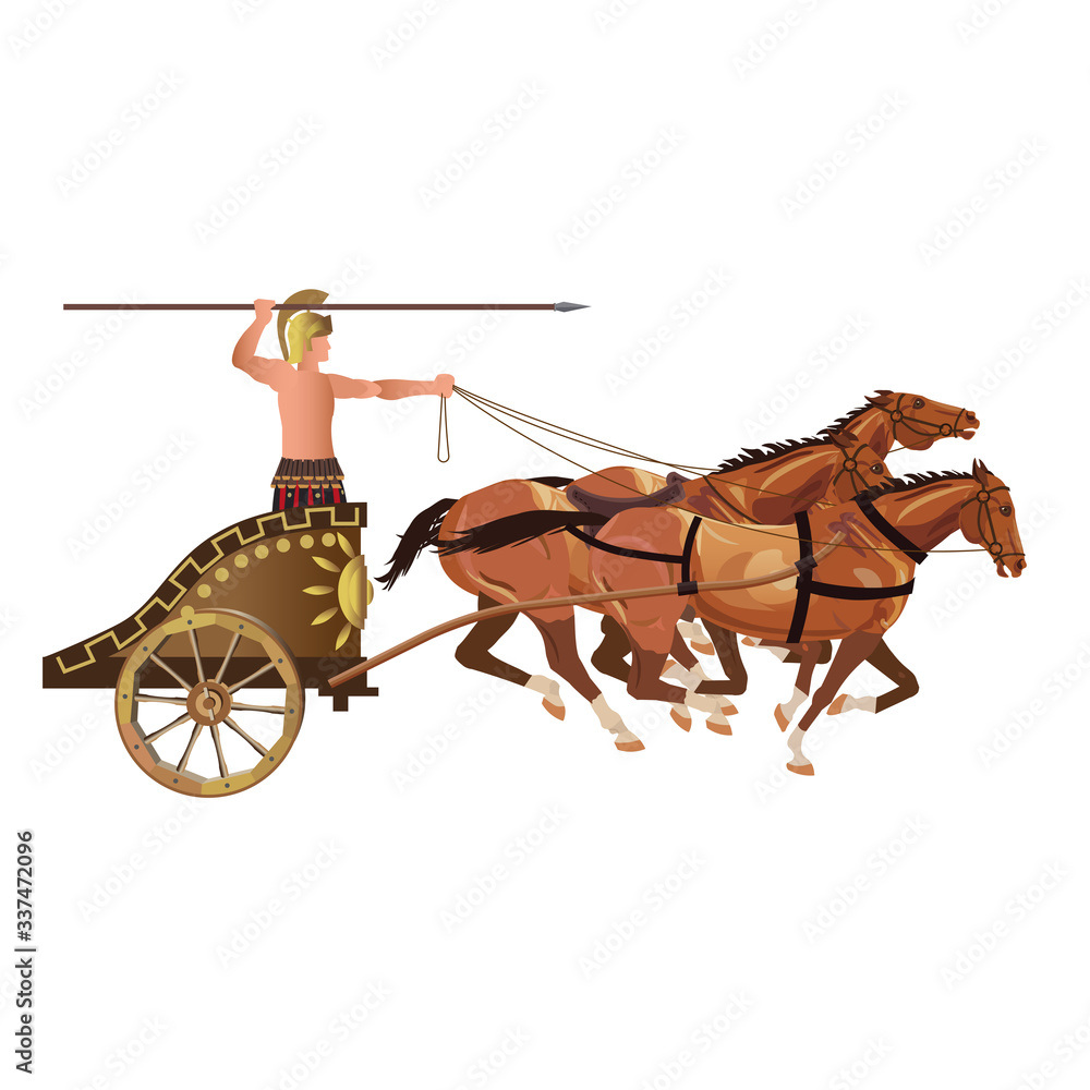 Roman warrior on an ancient war chariot drawn by three horses vector de ...