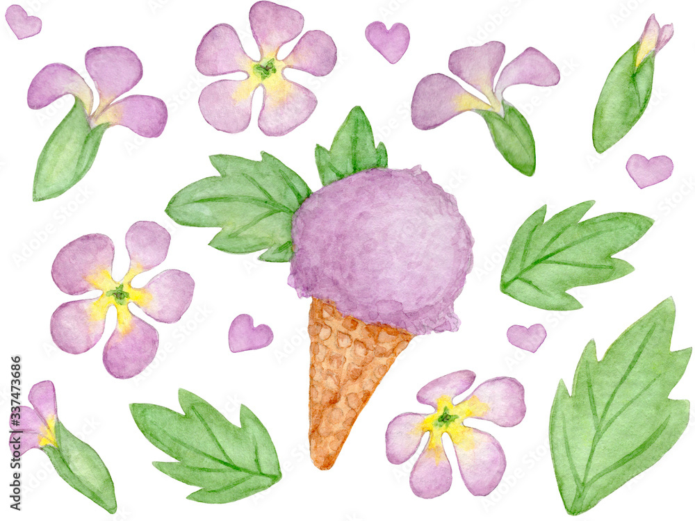 Hand drawn watercolor painting of sweet ube desserts (purple yam) in ...
