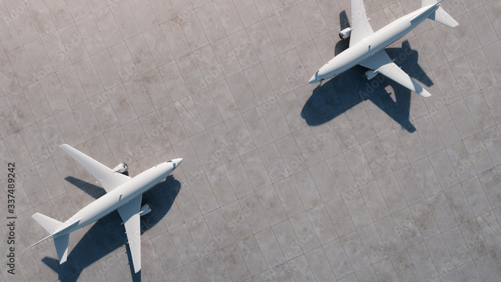 Two airplanes stand opposite each other at the airport. Aerial view. 3D ...