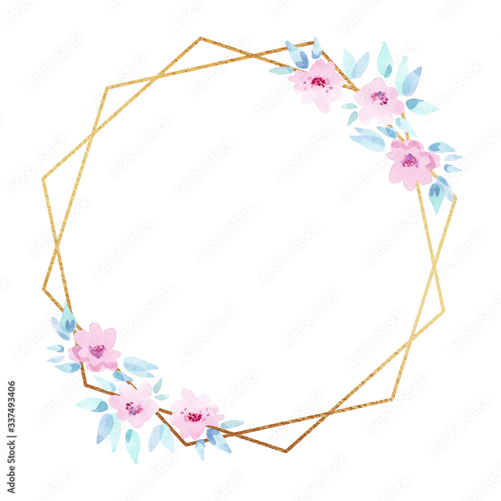 gold polygonal frame with watercolor pink flowers isolated on white ...