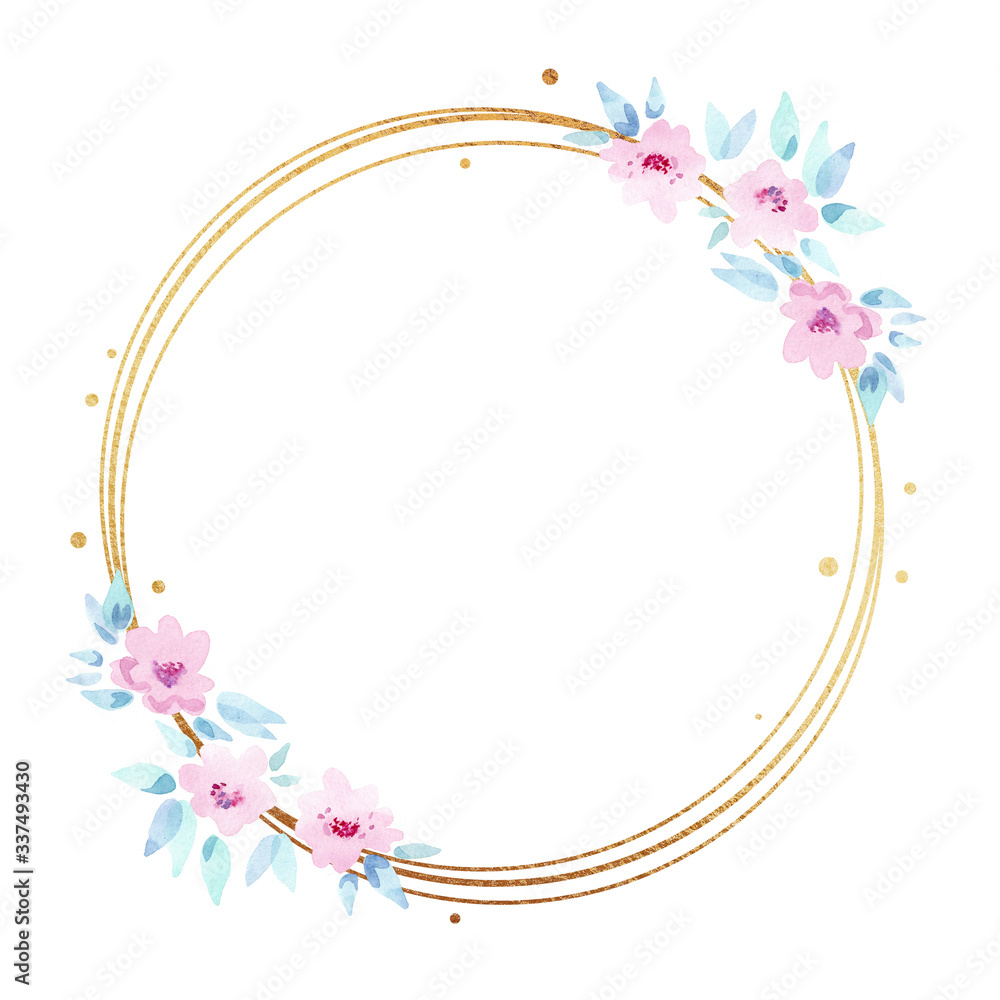 golden round frame with watercolor pink flowers isolated on white ...