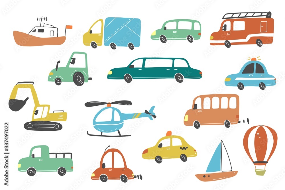 Set of cartoon cute kids and toy style cars and other transport, truck ...