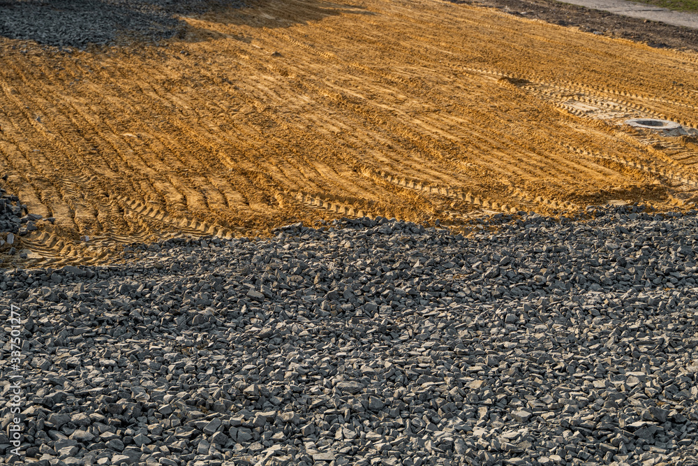 Gravel and sand piles on construction site. Materials for building ...