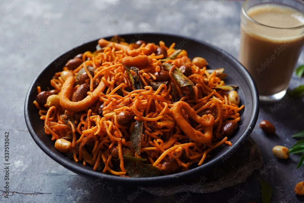 Homemade Spicy Kerala Mixture / Snack Mix with chickpea flour, top view ...