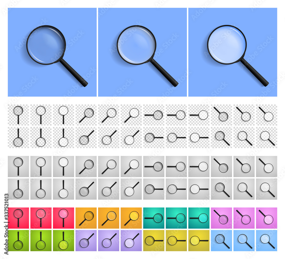 Glass lens magnifier. Realistic magnifying glass with 3 options for ...