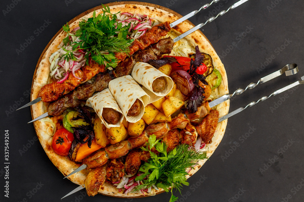 Assorted kebabs, Duck with fruit, Ribeye and Tibon steak, White Amur ...