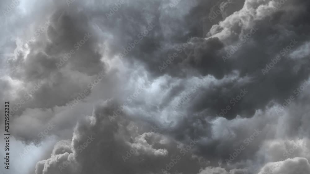 Flying through grey storm clouds. 4K hyper realistic animation of dark ...