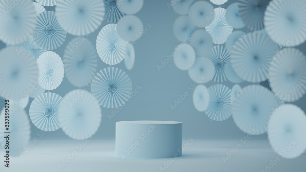 3D podium display light blue pastel trendy background with paper fan ...