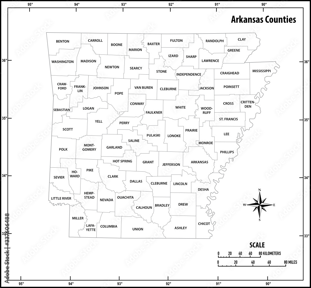 Arkansas state outline administrative and political map in black and ...