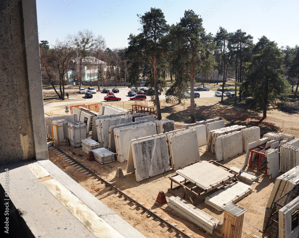 Construction site. Construction of a panel house. The house is at the ...