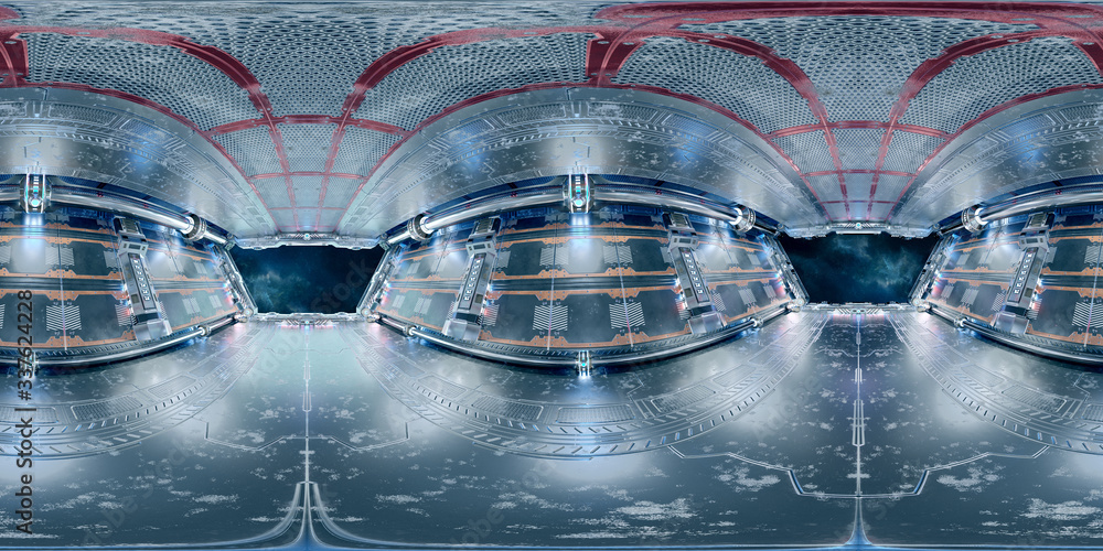 High resolution HDRI panoramic view of a spaceship interior. 360 ...