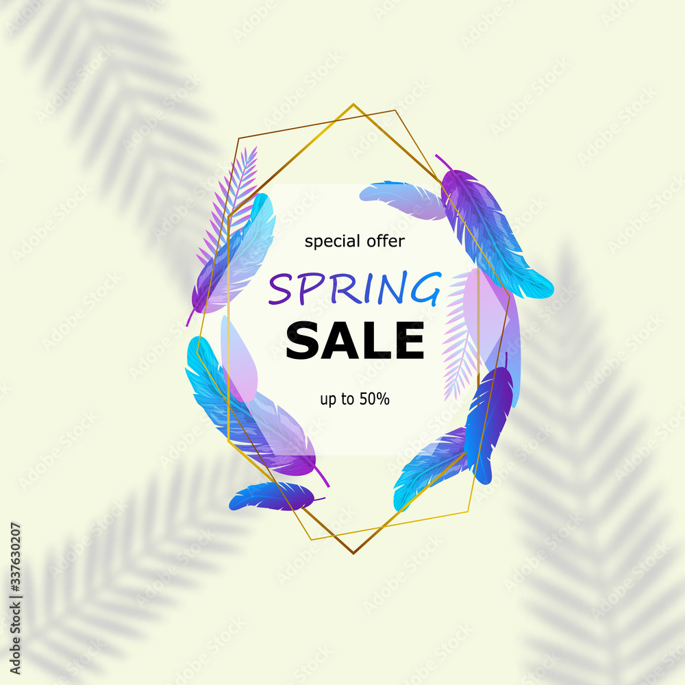 Special offer, spring sale banner. Gold borders with blue feather and ...