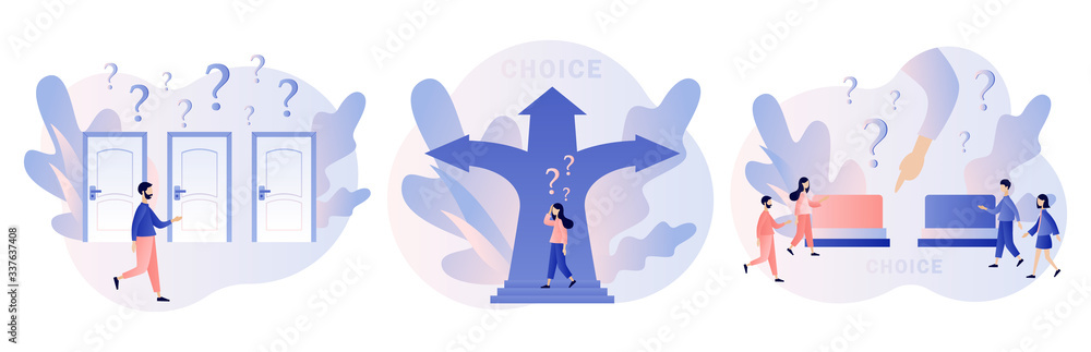 Make your choice. Tiny people choosing of directions. Metaphor ...