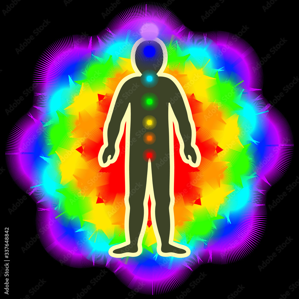 The aura of the body. Rainbow color marked layers of the male body ...