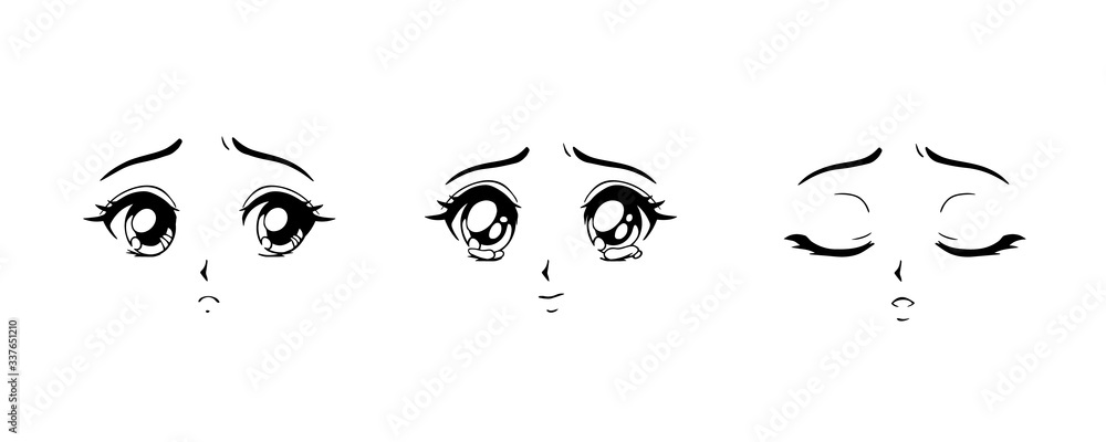 Set of anime sad faces. Hand drawn vector cartoon illustration. Stock ...