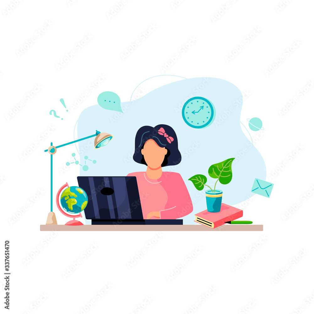 Home learning, online education, home activity concept. Student is ...