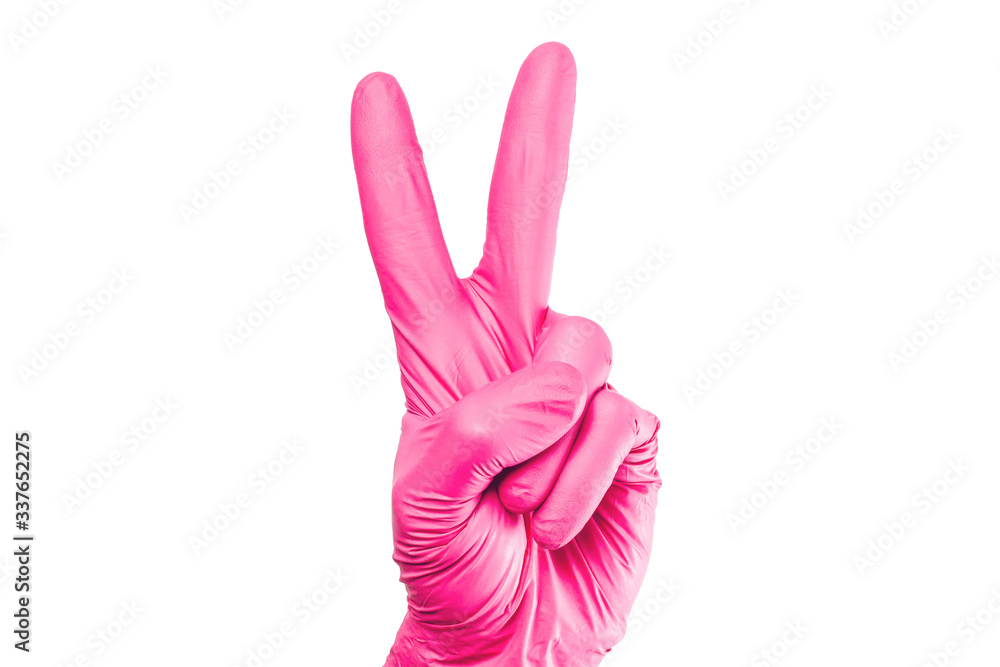 Victory sign isolated. Hand in pink latex glove. Success hand gesture ...