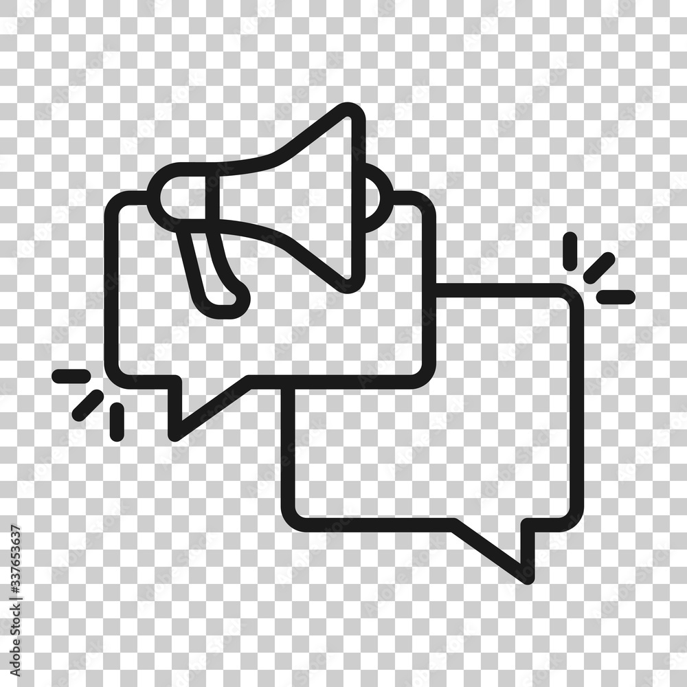 Speech bubble with megaphone icon in flat style. Dialogue box vector ...