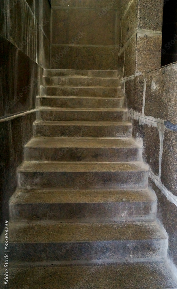 Old stone stair case in the ancient temple. Stair case in dark. Ancient ...