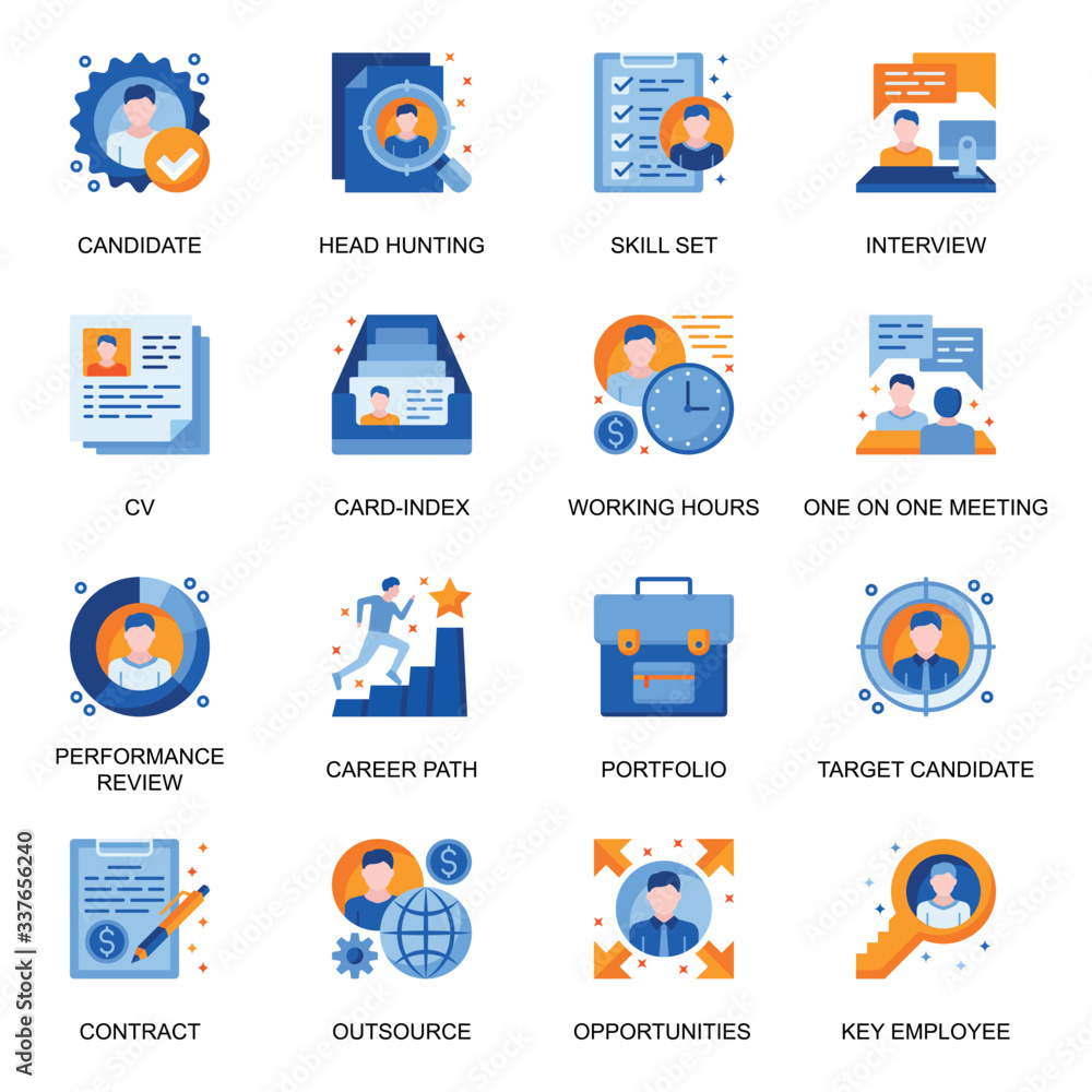 Headhunting icons set in flat style. Candidate interview, one on one ...