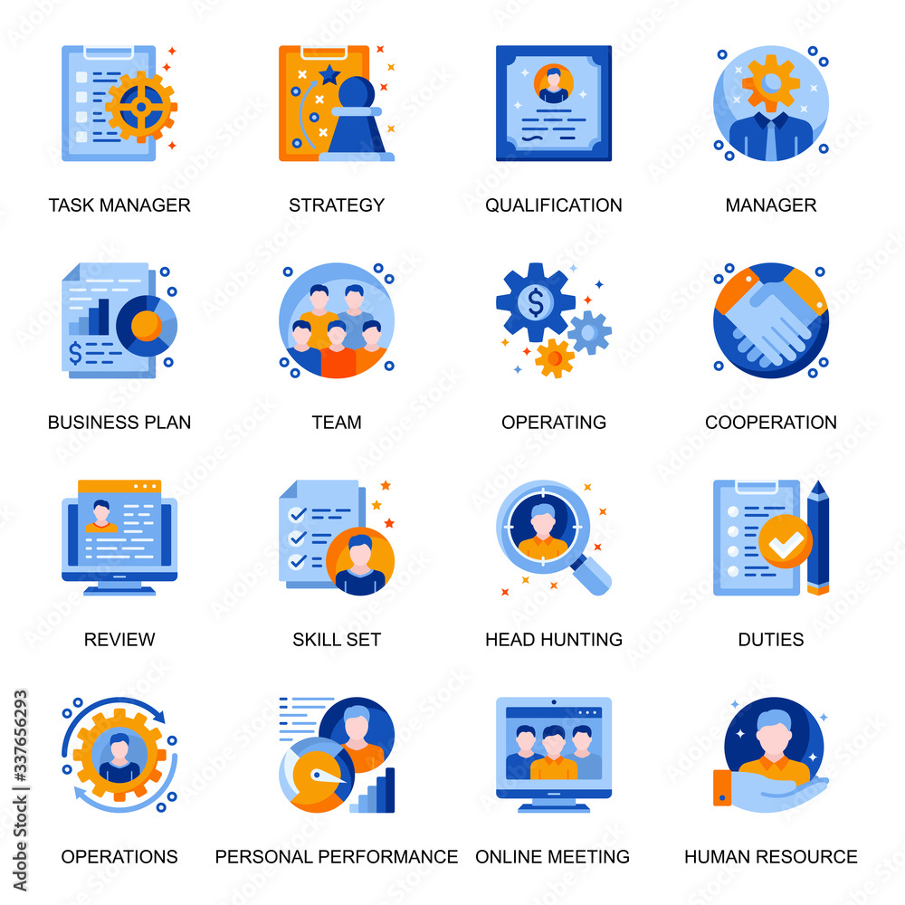 Management icons set in flat style. Headhunting and qualification ...