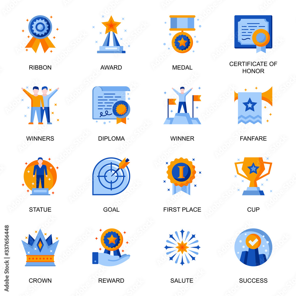 Business success icons set in flat style. Award ceremony, fanfare and ...