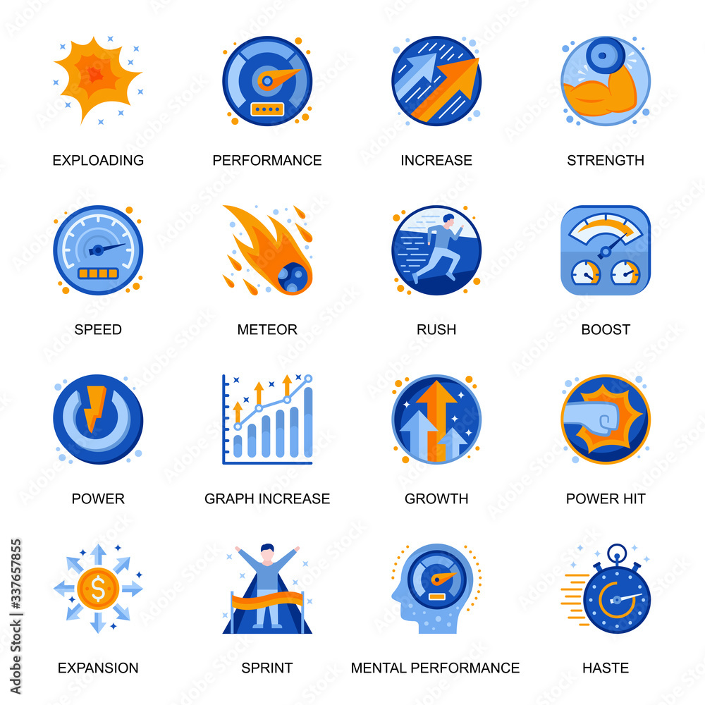 Mental performance icons set in flat style. Power hit, boost and rush ...