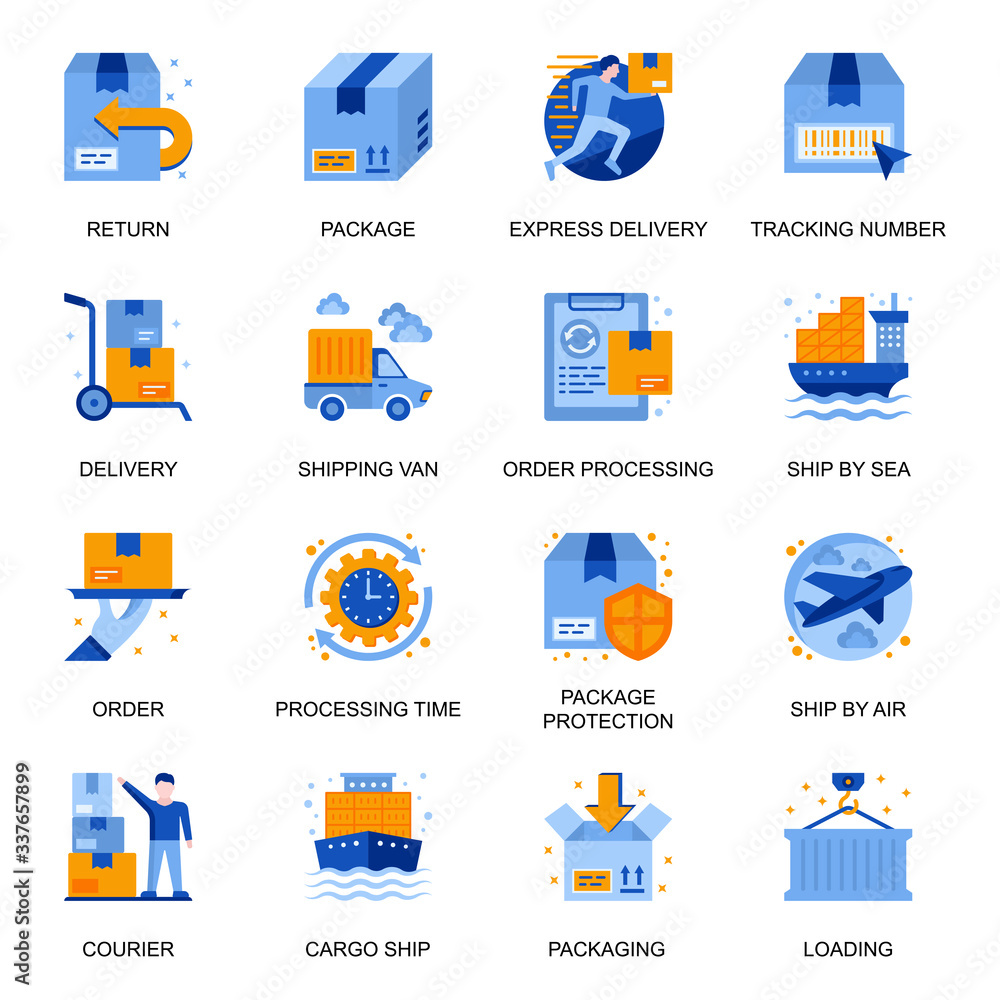 Delivery service icons set in flat style. Order and shipping, tracking ...
