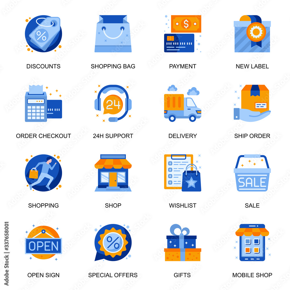 E-commerce icons set in flat style. Discount offer, shopping bag, order ...