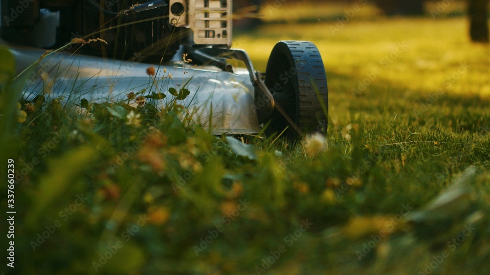 Lawn mowers cut grass. Garden work concept background Stock Photo ...